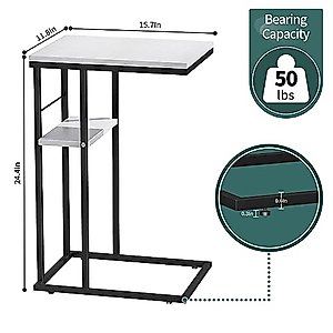 QZIXB C Shaped End Table, Side Table for Sofa Couch and Bed, Small Side Table with Metal Frame for Small Spaces, Living Room, Bedroom, Snack Table (White)