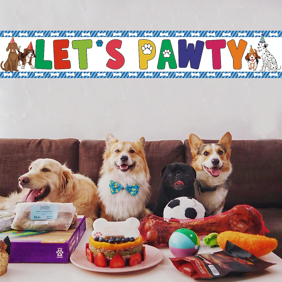 MEFENG Let's Pawty Banner Dog Puppy Theme Birthday Backdrop Yard Sign Pet Dog Birthday Decorations Party Supplies -9.8x1.6 ft.