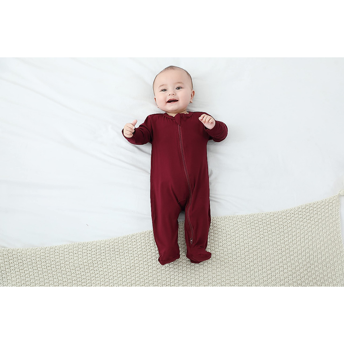 GUISBY Long Sleeve Sleepers Baby, Rayon Footed Pajamas Long Sleeve with Mitten Cuffs 3-6 Months Maroon
