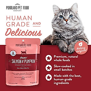 Human-Grade Mixed Variety Pack Wet Cat Food Pouch — Moist, Soft Cat Food Mixer, Topper, and Rotational Meal (2 Chicken, 2 Salmon) by Portland Pet Food Company