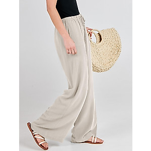 ANRABESS Women's Linen Summer Palazzo Pants Elastic Waist Casual Beach Trendy Wide Leg Trousers with Pockets Large Apricot