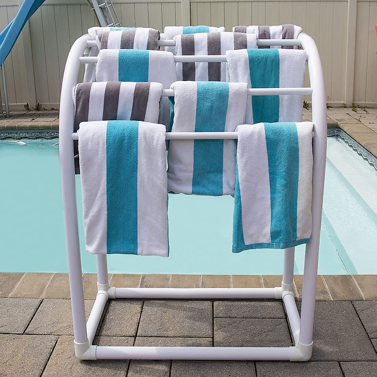 Pool Bins 5 Bar Curved Towel Rack - Free Standing Poolside Storage Organizer - Also Stores Floats, Paddles and Noodles, (23" L x 37.5" W x 49.5 H), White