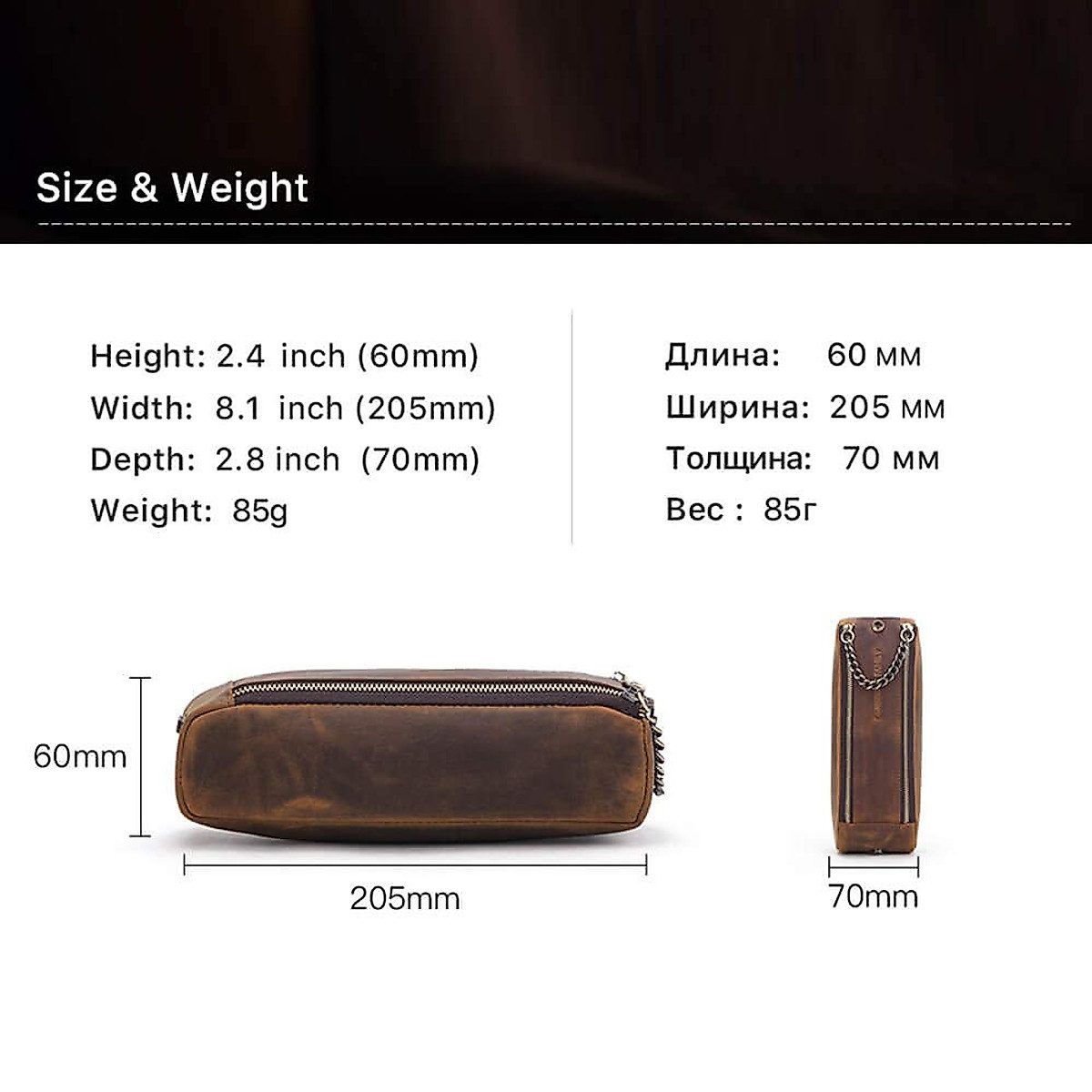 Hiram Pen Case Leather Pouch, Crazy Horse Cowhide Leather Zipper Pencil Case Leather, Portable Pen Bag Pouch Leather Cosmetic Case(Coffee)