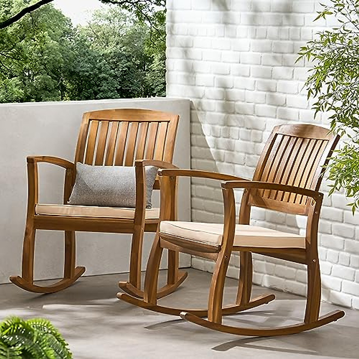 Christopher Knight Home Selma Acacia Rocking Chairs with Cushions, 2-Pcs Set, Teak Finish