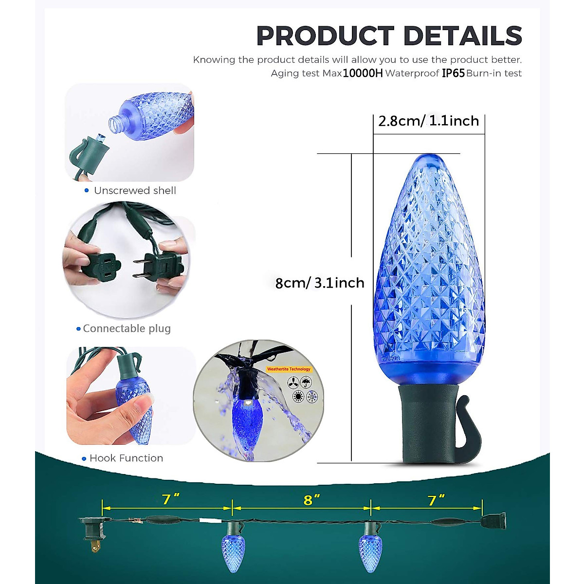 VanRayal C3 Christmas Tree Lights End-to-End Plug,50 LED 18ft Outdoor String Light WarmWhite for Patio Garden,Green Wire,UL Listed,42 Sets Connectable