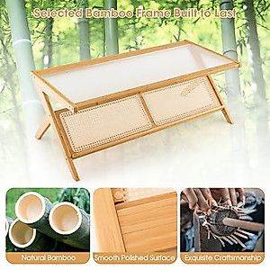 GOFLAME Bamboo Coffee Table, 2-Tier Rectangular Coffee Table with Glass Tabletop, Modern Center Table with Handwoven Rattan Storage Shelf, 48” Tea Table Cocktail Table for Living Room, Office, Natural