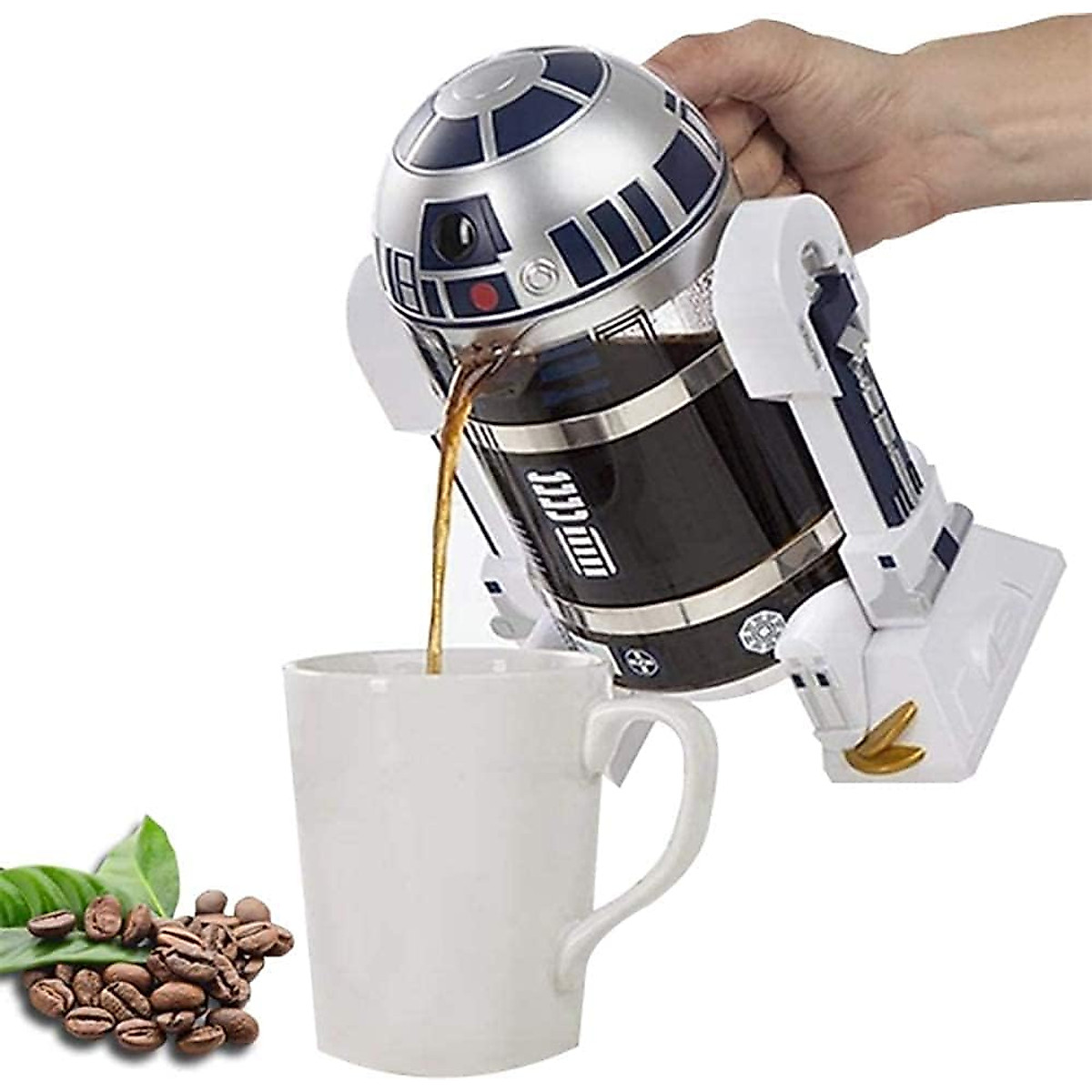 TEENKON French Press Insulated 304 Stainless Steel Coffee Maker, 32 Oz Robot R2D2 Hand Home Coffee Presser, with Filter Screen for Brew Coffee and Tea (White)