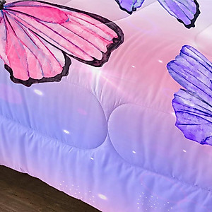 GRAT TIOC Girls Rainbow Butterfly Comforter Set Twin Size,Teen Girls Butterfly Bedding Set,Glitter Butterfly Bed Set Soft Lightweight Microfiber Bedroom Decorations with 2 Pillowcases