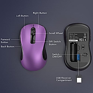 Deeliva Wireless Mouse, Computer Mouse Wireless 2.4G USB Cordless Mouse with 3 Adjustable DPI, 6 Buttons, Ergonomic Portable Silent Mice for Laptop PC Computer Chromebook (Purple)