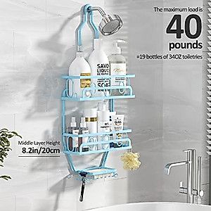 HYSEYY Shower Caddy Over Shower Head - Hanging Shower Caddy Over Shower Head for Bathroom, No Drilling Rustproof Stainless Steel Hanging Shower Organizer with Soap Holder, 10 Hooks, Blue