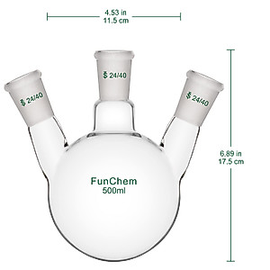 FunChem Three Necks Round Bottom Flask RBF, Glass 3-Neck Boiling Flask with 24/40 Standard Taper Outer Joint (500 mL)
