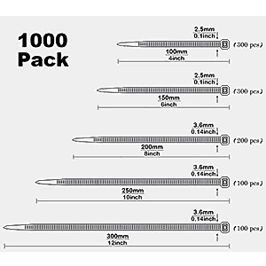 Oksdown 1000 Pcs Black Cable Zip Ties Assorted Sizes 4/6/8/10/12 Inch Heavy Duty Plastic Tie Wraps Mixed Pack Self Locking Nylon Wire Ties