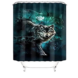 StarBlue-HGS Moonlit Night Wolf Shower Curtain Set with Non-Slip Rugs, Toilet Lid Cover and Bath Mat Accessories with Hook Bathroom Decor