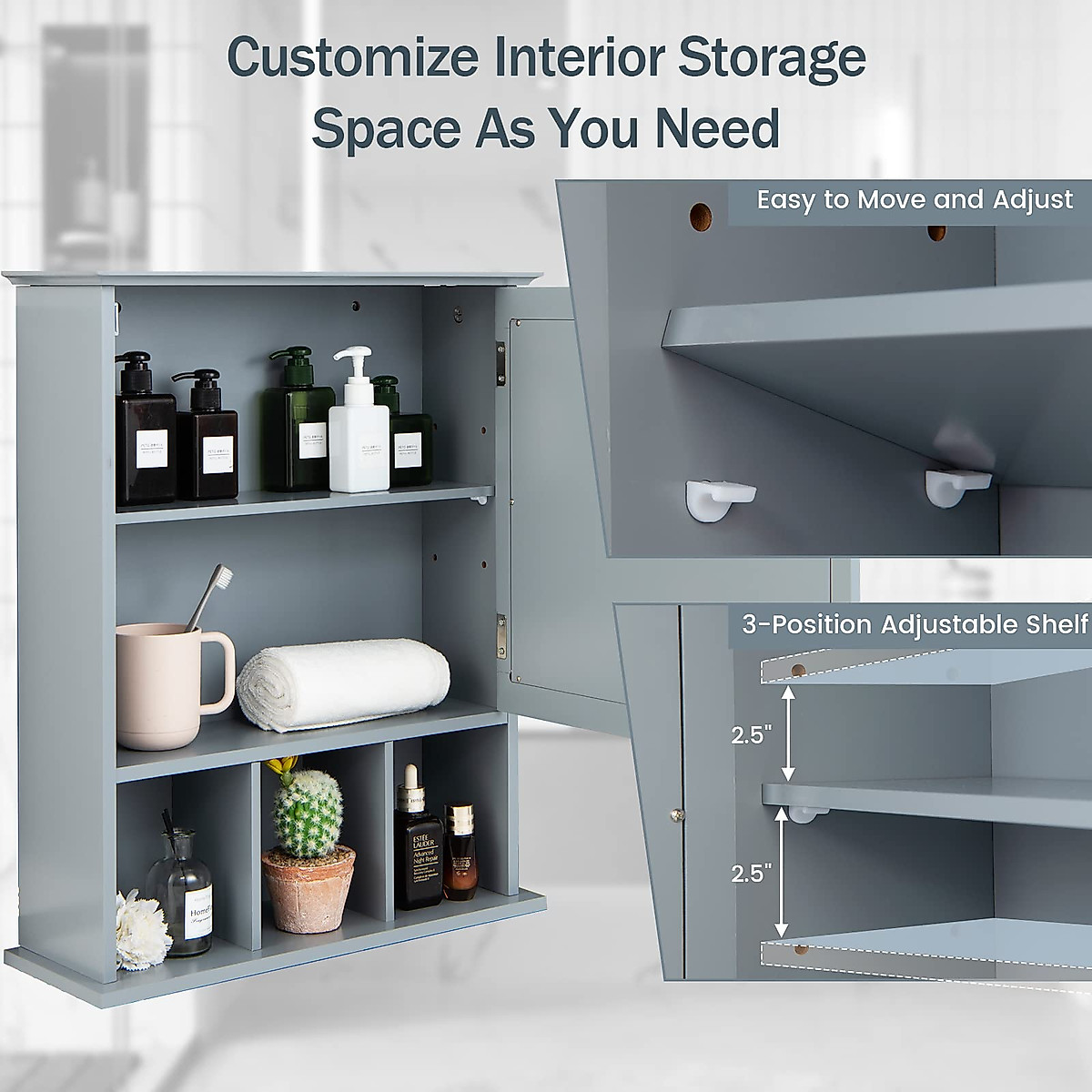 LOKO Bathroom Medicine Cabinet with Mirror, Small Bathroom Cabinet Wall Mounted with Single Mirrored Door & Adjustable Shelf, Bathroom Wall Cabinet, 19 x 6.5 x 23.5 inches (Grey)