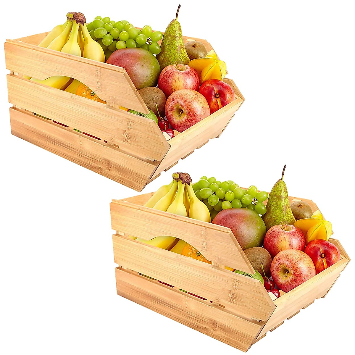 ROYALHOUSE Bamboo Fruit Basket, Stackable Basket, Fruit & Vegetable Storage For Kitchen Countertop, Bamboo Fruit Bowl, Tabletop Fruit Serving Bowl (Pack of 2)