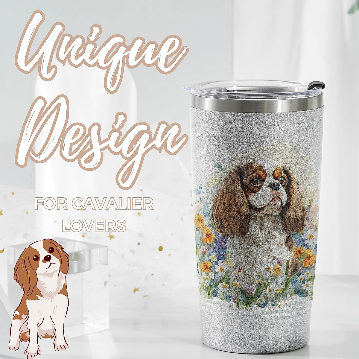 Onebttl King Charles Cavalier Gifts for Women/Men, Unique 20oz Cavalier Glitter Tumbler with Lid and Straw, Cavalier King Charles Spaniel Gifts for Birthday, Christmas