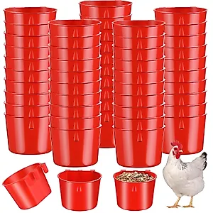 Sumind 60 Pieces Cage Cups Birds Hanging Feeders Seed Bowl 8 oz Plastic Chicken Feeder Water Bowl Hanging Chicken Waterer Feeding Watering Dish Coop Cups for Gamefowl Parrot Parakeet Poultry(Red)