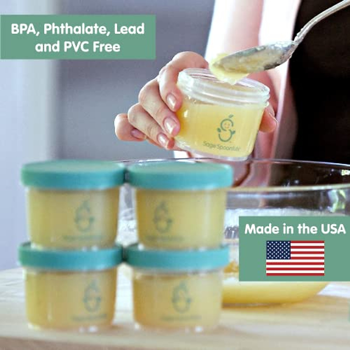 Sage Spoonfuls Baby Food Storage Containers, 6-Pack BPA-Free Plastic Baby Food Jars with Leakproof Lids, Made in The USA, Microwave-Safe, Dishwasher & Freezer-Safe, 4 Ounce Jars