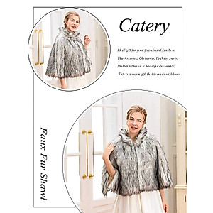 Catery Women’s Faux Fur Wraps and Shawls Bridal Wedding Cape Fur Stole Scarf Bride Scarves Shrug Winter Cover Up Accessories for Women and Girls(White+Black)