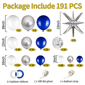 191pcs Blue Silver White Balloons Garland Arch Kit with 3pcs Starburst Foil Balloons, 18 12 10 5inch Royal Blue Silver Confetti Balloons for Birthday Graduation Baby Shower Party Decorations
