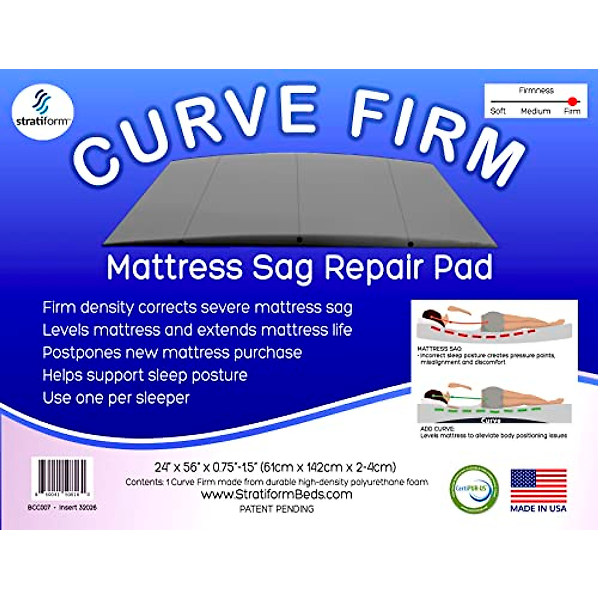 Stratiform® Curve™ Firm - Density Mattress Sag Support | 1.5"D x 24"W x 56"L - Ideal for Sags Deeper Than 1" Inch | Comfort and Durability | Extend Mattress Lifespan | Mattress Support | Made in USA