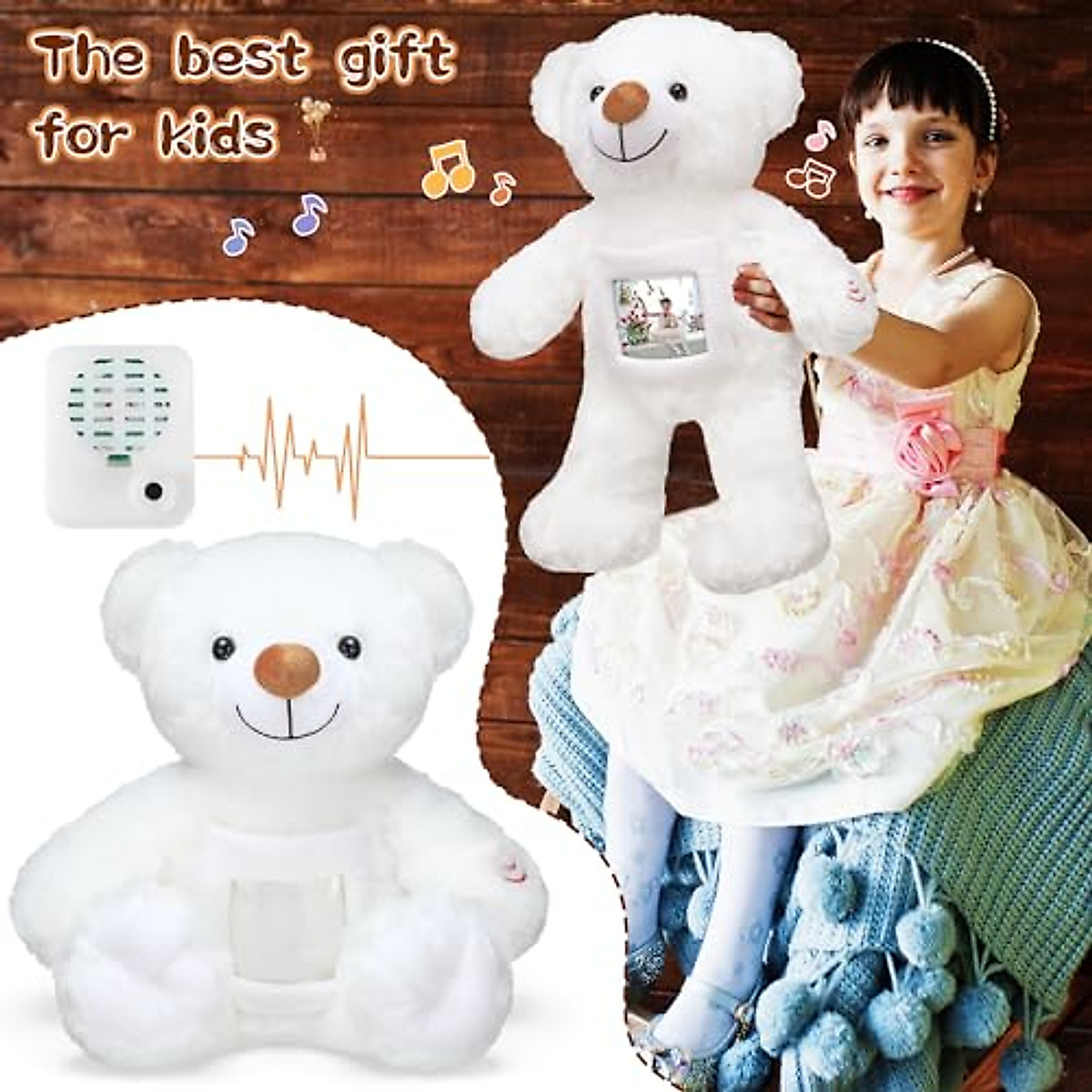 Leyndo Bear with Voice Recording Remembrance Stuffed Animal with Picture Recordable Messages Memorial Toy for Baby Shower Birthday Gift, Recording Gifts(White, 12 Inch)