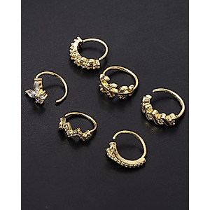 Akeoqi 12Pcs Nose Ring Hoop Cartilage Earring Cute Leaf Star CZ Butterfly Paved Nose Piercing Jewelry 20G for Women men Gold Tone