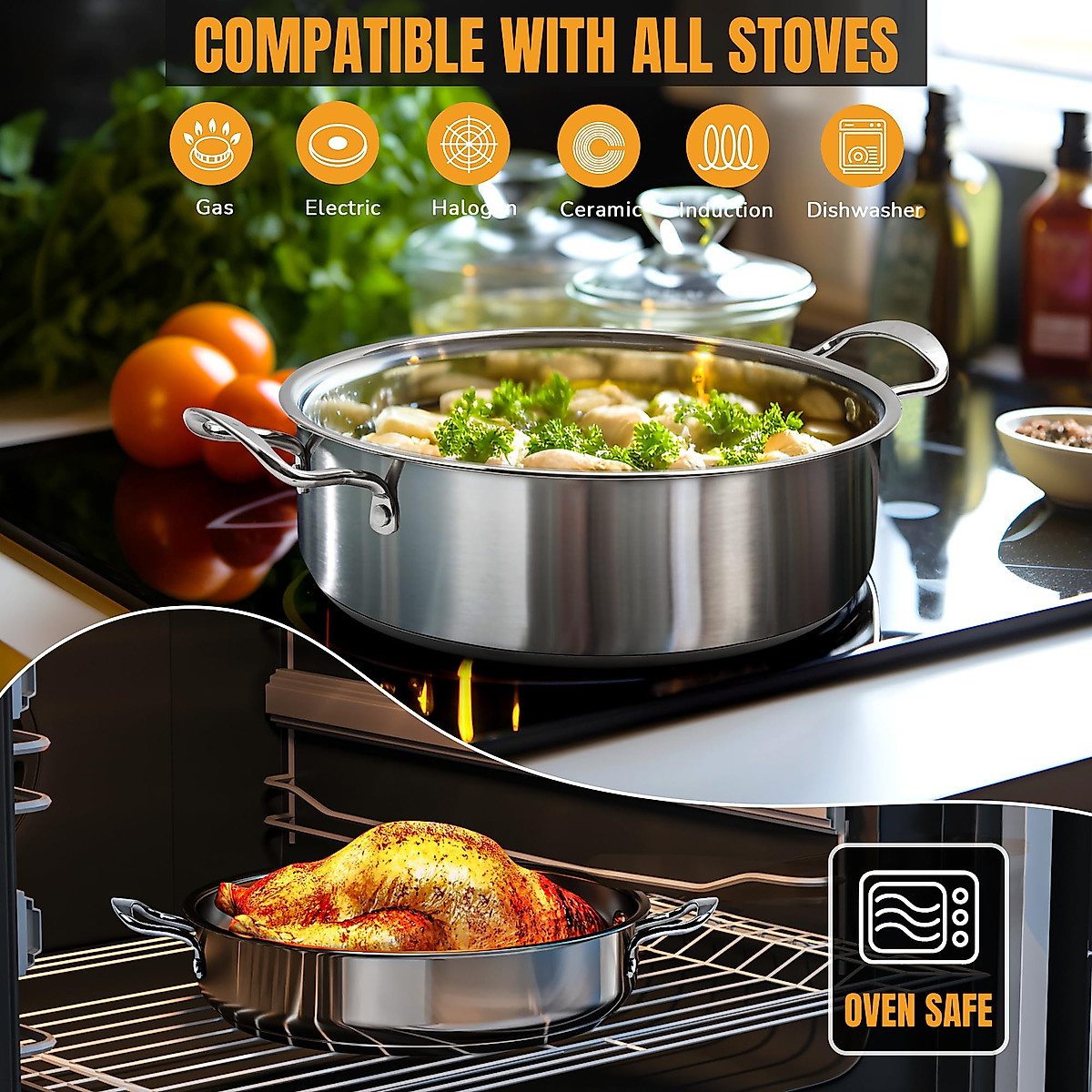 AuFranc® 4 Quart Tri-ply Stainless Steel Stockpot with Glass Lid, Induction Stock Pot Compatible with All Cooktops, Non-Toxic Soup Pot with Riveted Handles, Oven & Dishwasher Safe (Silver)
