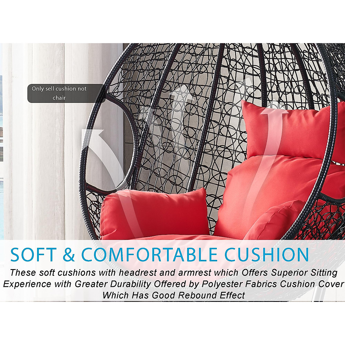 SK CHUMRA Egg Chair Cushion Hanging Basket Chair Pads Wicker Rattan Hanging Seat Cushion Nonslip Soft Headrest & Armrest Outdoor Porch Backyard UV Resistant Patio Hammock Swing Cushions (Red)