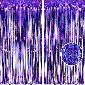 BRAVESHINE Purple Tinsel Foil Fringe Curtains - 2Pcs 3.2x8.2ft Metallic Holidays Photo Backdrop for Birthdays Valentines Bridal Shower Bachelorette Anniversary Engagement Party Supplies