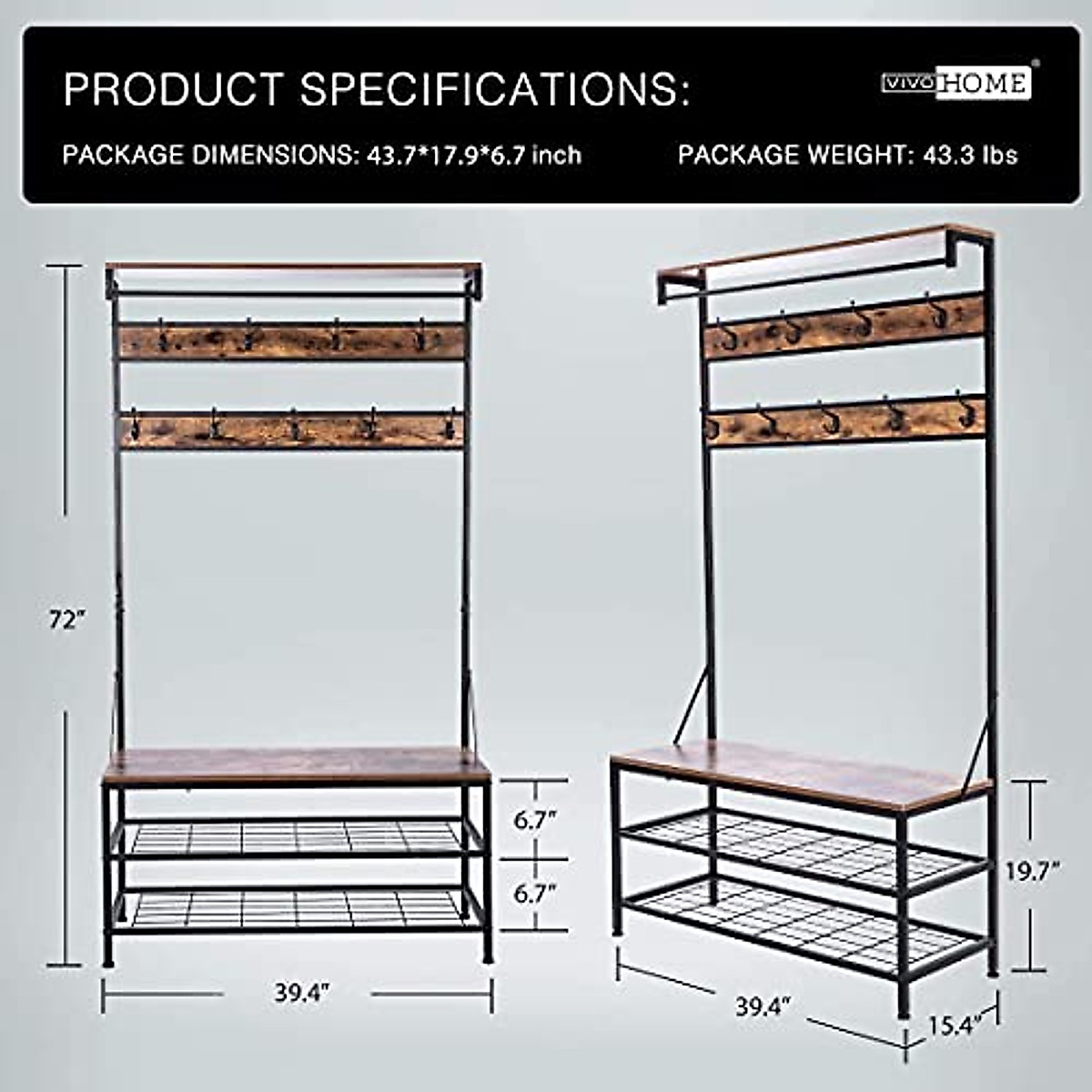 VIVOHOME 5-in-1 Entryway Hall Tree, Industrial Stand Organizer with Shoe Bench, Vintage MDF Wood Furniture with Stable Metal Frame