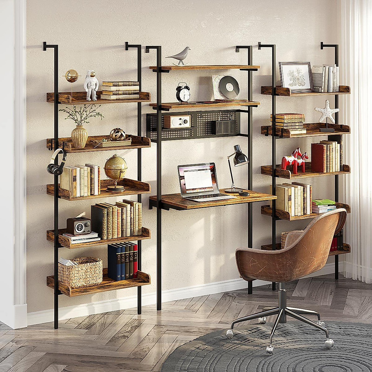 Rolanstar 5-Tier Bookshelf with 3 Hooks, Wall Mount Bookcase with Wooden Edge 72", Storage Rack with Open Shelves Display Plant Flower Stand Organizer for Living Room, Home Office, Rustic Brown