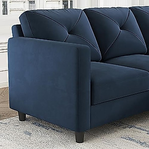 HONBAY Velvet Sectional Sofa with Chaise U Shaped Sectional Couch 4 Seat Sofa for Living Room, Dark Blue