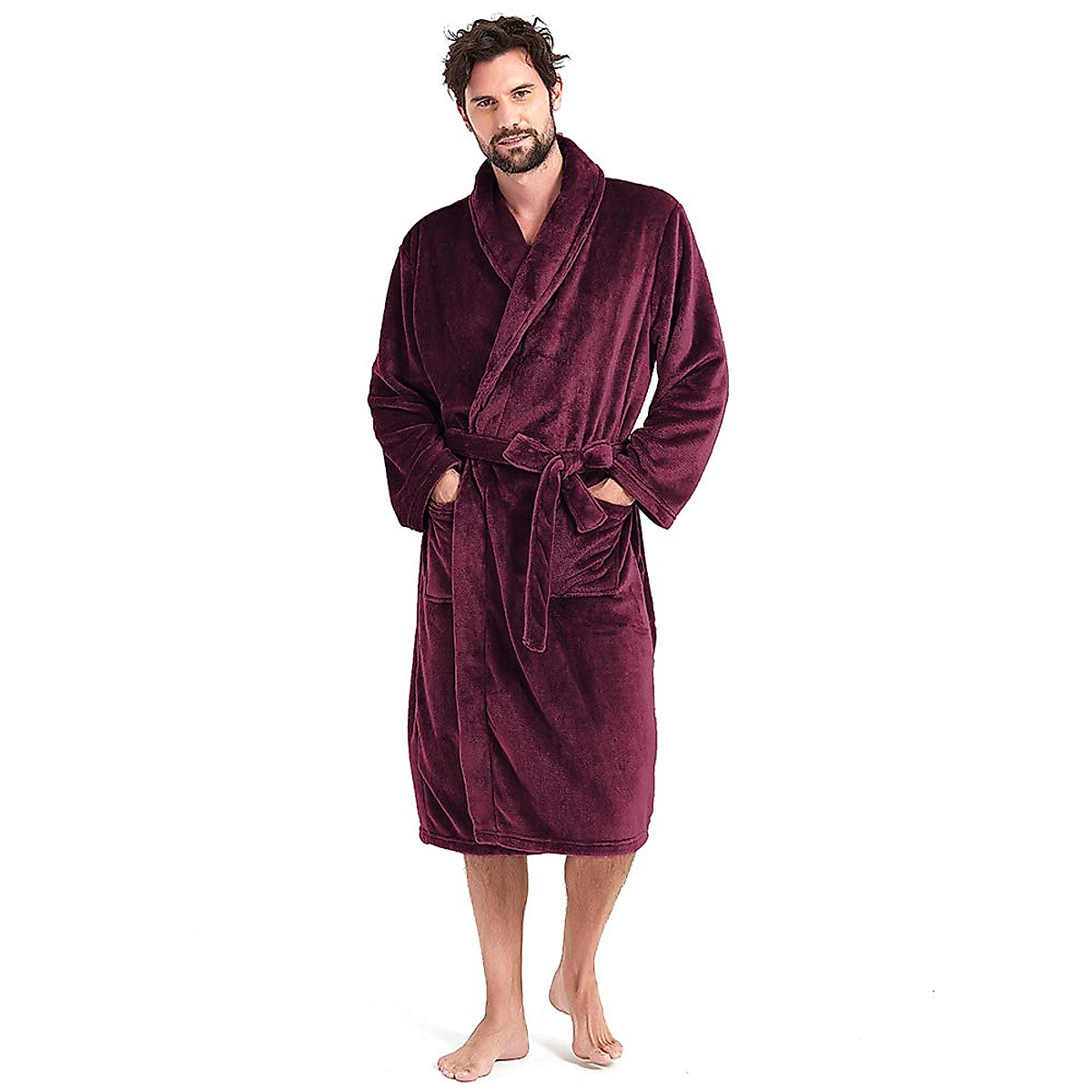 HOLOVE Men’s Fleece Shawl Collar Robe Plush Warm Bathrobe Soft Luxurious Dressing Gown for Men (Wine 2XL/3XL)