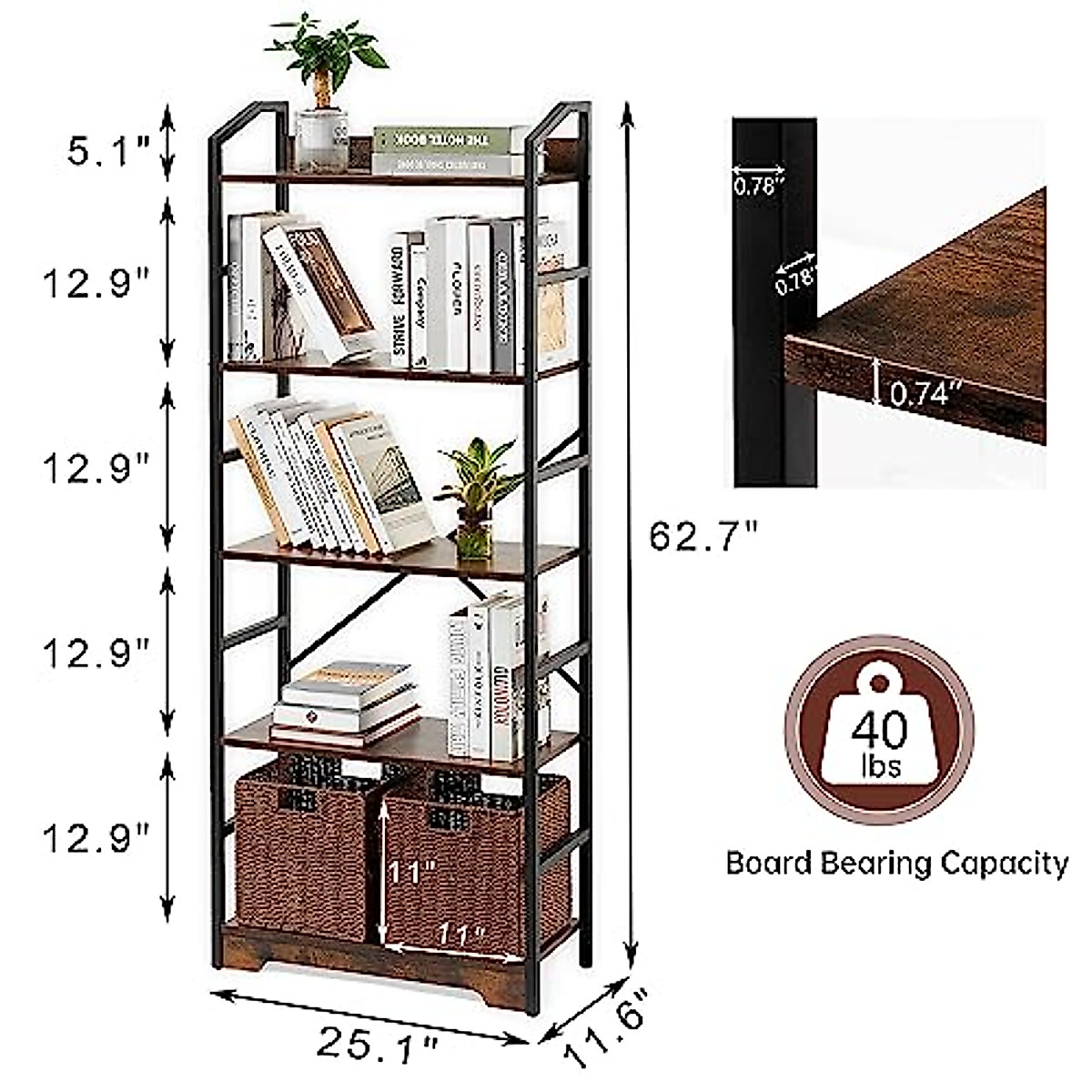 Vagusicc 5 Tier Bookshelf with 2 Storage Baskets, Tall Bookcase Shelf Storage Organizer Wood Book Shelf, Modern Shelf Rack Shelves with Steel Frame, Multipurpose Bookshelf for Bedroom Living Room