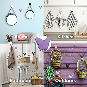 DueHoppee 8 Pack Adhesive Hooks,Cute Butterfly Sticky Hooks,Wall Decoration Hooks,Strong Stainless Steel Hooks to Organize Kitchen Office Bathroom Items, Key Hooks, Hat Hooks (Purple)