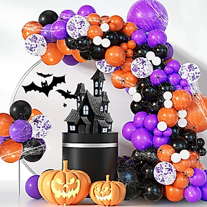 152Pcs Halloween Balloons Arch Garland Kit, Orange Purple and Black Balloon with Halloween Spider Web, Spiders for Halloween Birthday decor Supplies Cute Halloween Party Decorations