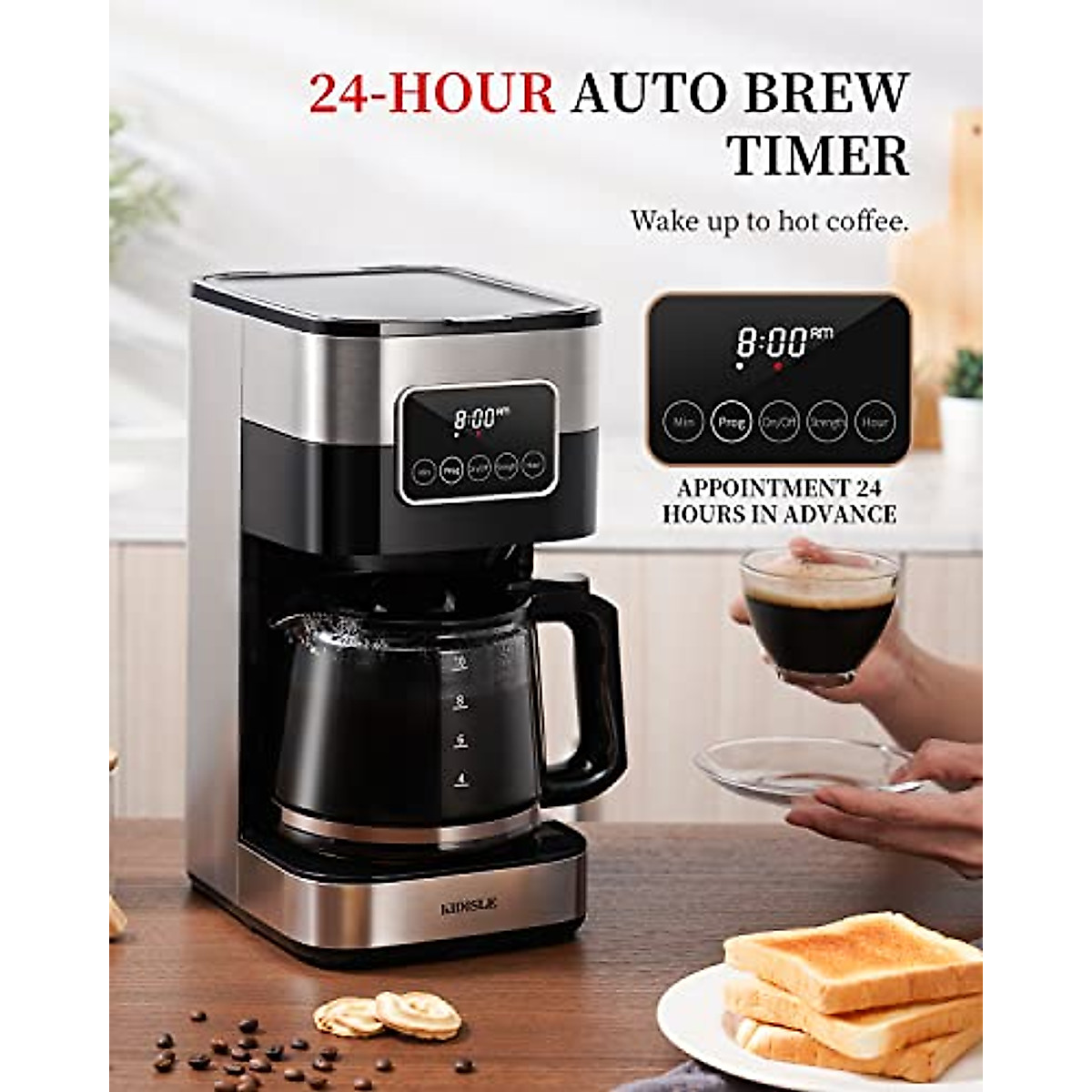 KIDISLE Programmable Coffee Maker, 10-Cup Drip Coffee Machine with Touch Screen, Glass Carafe, Reusable Filter, Warming Plate, Regular & Strong Brew for Home and Office, Black