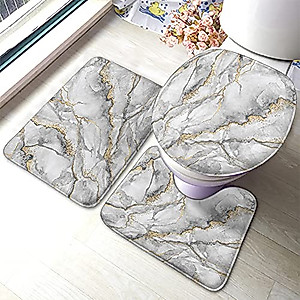 Wondertify White Marble Bathroom Antiskid Pad Fashion Marbling Granite Stone 3 Pieces Bathroom Rugs Set, Bath Mat+Contour+Toilet Lid Cover Gold Black Gray