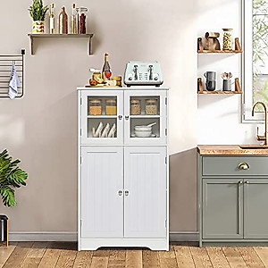 IWELL Bathroom Wall Cabinet & Bathroom Floor Cabinet bundle, Medicine Cabinet with 1 Adjustable Shelf & Double Doors, Storage Cabinet with Glass Doors & Adjustable Shelf, Wall Mounted Bathroom Cabinet