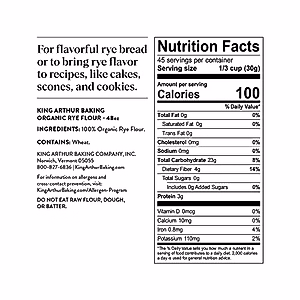 King Arthur Flour Organic Medium Rye Flour for Complex Flavorful Breads & Baked Goods, 100% Organic Non-GMO Project Verified, 3 Pounds (Pack of 1)