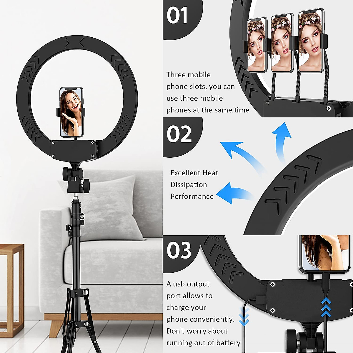 Ring Light 18 Inch with Tripod Stand, 55W 5700K Dimmable Selfie LED Ring Light with 73" Tripod Stand and 3 Phone Holder, Circle Light for Make Up, YouTube, Video Shooting, Live Stream, Vlog, CRI > 95