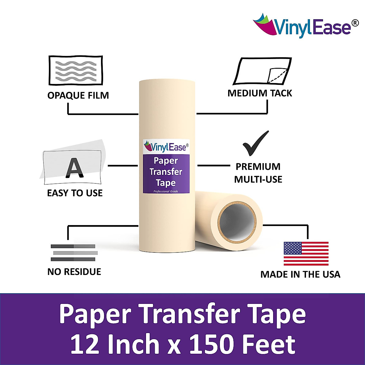 Vinyl Ease 12 inch x 150 feet roll of Paper Transfer Tape with a Medium Tack Layflat Adhesive. Works with a Variety of Vinyl. Great for Decals, Signs, Wall Words and More. V0844
