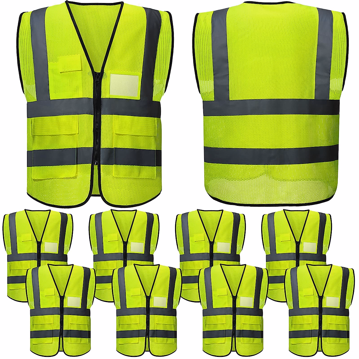 10 Pack Reflective Safety Vests with Pockets and Zipper, High Visibility Mesh Construction Vest for Men Women, Breathable Neon Working Vest for Outdoor Running Cycling Walking at Night One Size