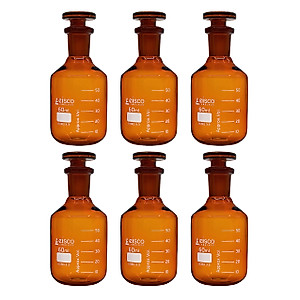 EISCO 6PK Reagent Bottles, Amber, 60mL - Graduated - Narrow Mouth with Solid Glass Stopper - Borosilicate Glass