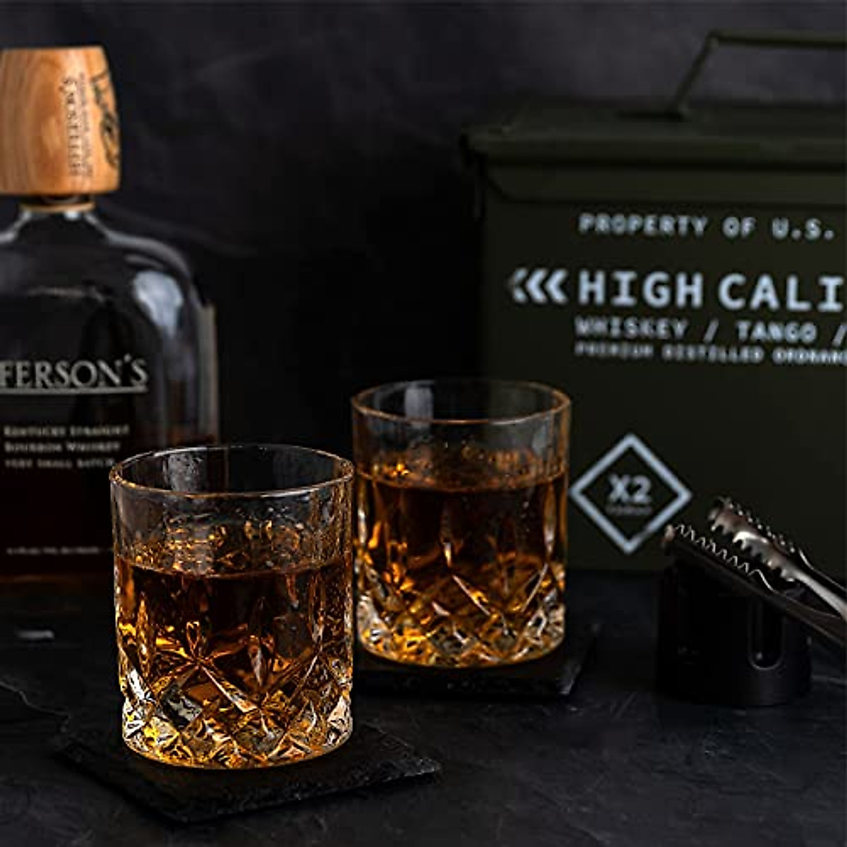 Titan LSO Whiskey Glasses and Whiskey Stones in Unique Tactical Box Display | Ideal Groomsmen Gifts Whiskey Gifts for Men | Bourbon Whiskey Cocktail Glasses, Coasters and Tongs… (with Whiskey Stones)