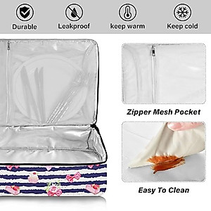 Kcldeci Insulated Thermal Food Carrier Insulated Casserole Carrier for Hot or Cold Food,Navy Striped Red Bows Insulated Tote Bag for Potluck Cookouts Parties Picnic,Lasagna Lugger