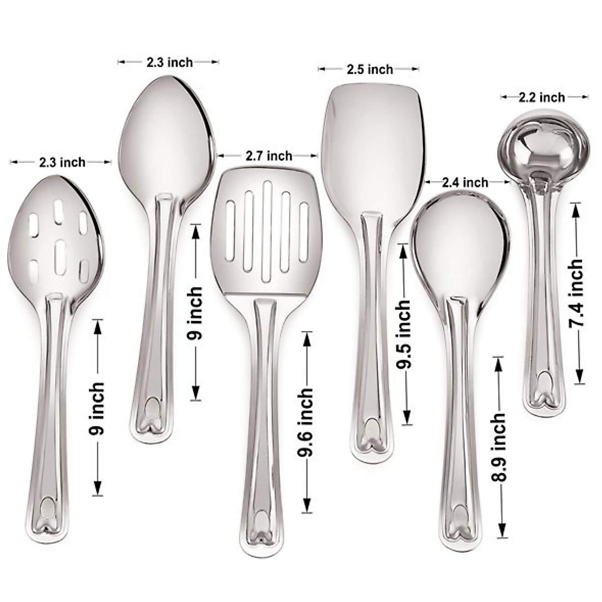 Premium 6 Piece 9" Stainless Steel Cooking & Serving Spoon Set, Includes Solid Spoon, Oval Spoon, Slotted Spoon, Ladel, Spatula & MultiServer - Heavy Gauge Durability - Modern Mirror Finish Flatware