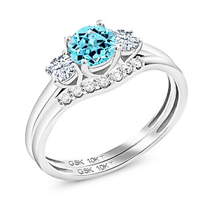 10K White Gold Swiss Blue Topaz and White Created Sapphire and White Lab Grown Diamond 3-Stone Bridal Engagement Wedding Ring Set For Women (0.88 Cttw, Gemstone November Birthstone, Round 5MM, Size 7)