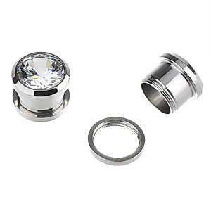 IPINK Punk Pair 8g- 1/2 Inch Stainless Steel Cubic Zirconia Screw Tunnels Ear Stretcher Plugs Piercing Gauge